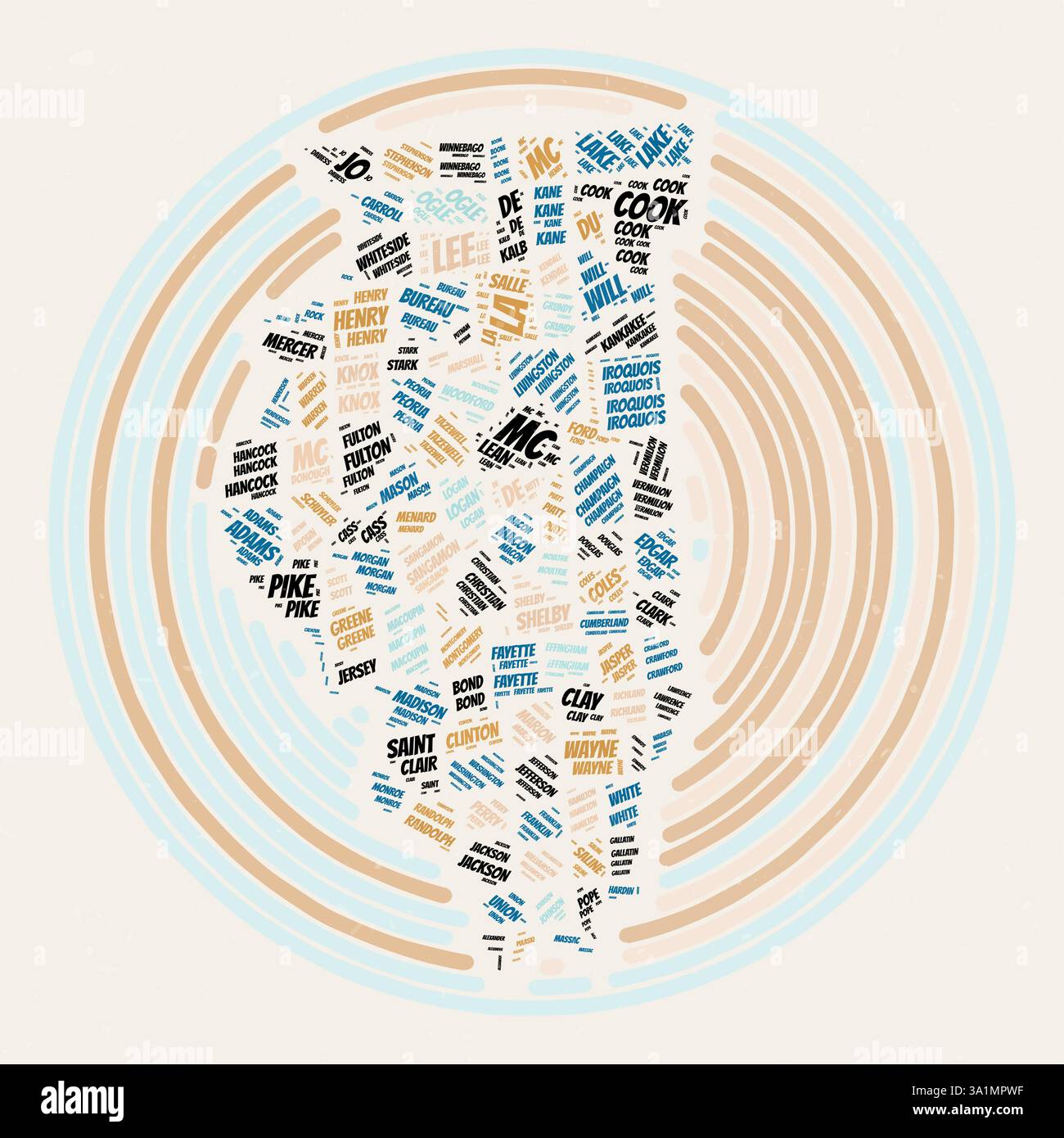 Illinois Round Poster. Typography style image of State. Counties word ...