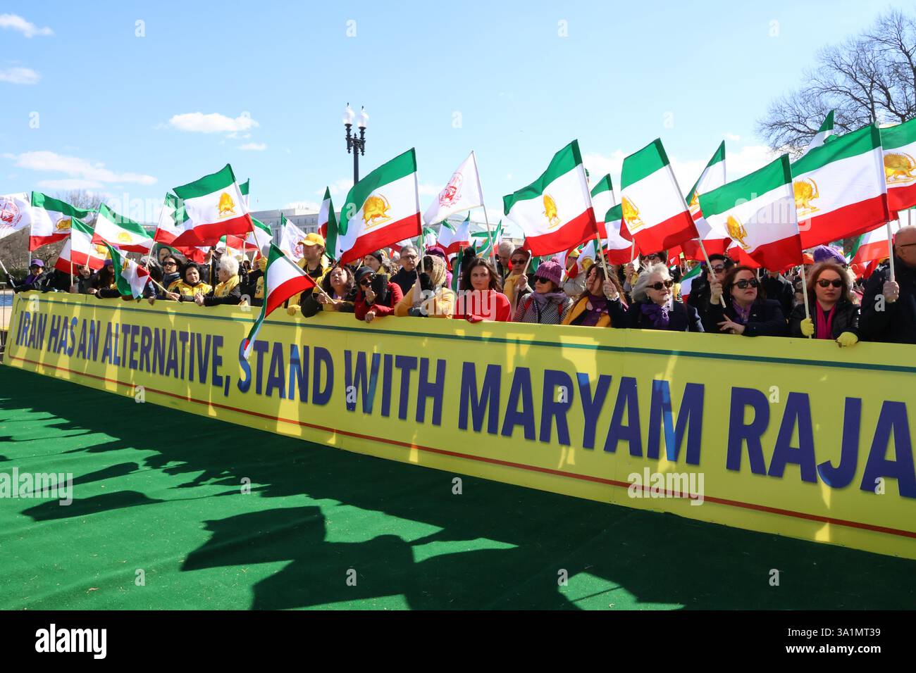 Iranians are seen waving Iran's flag with the sun and lion signs ...