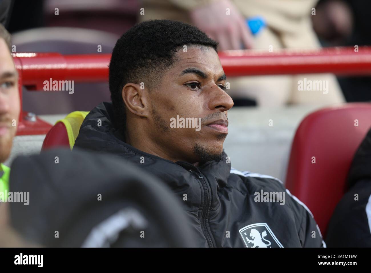 London England, March 8th 2025: Marcus Rashford of Aston Villa sits on ...