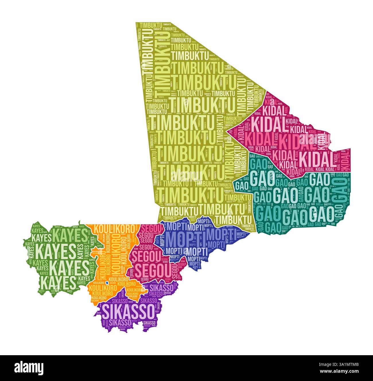 Mali shape. Country word cloud with region division. Mali colored ...