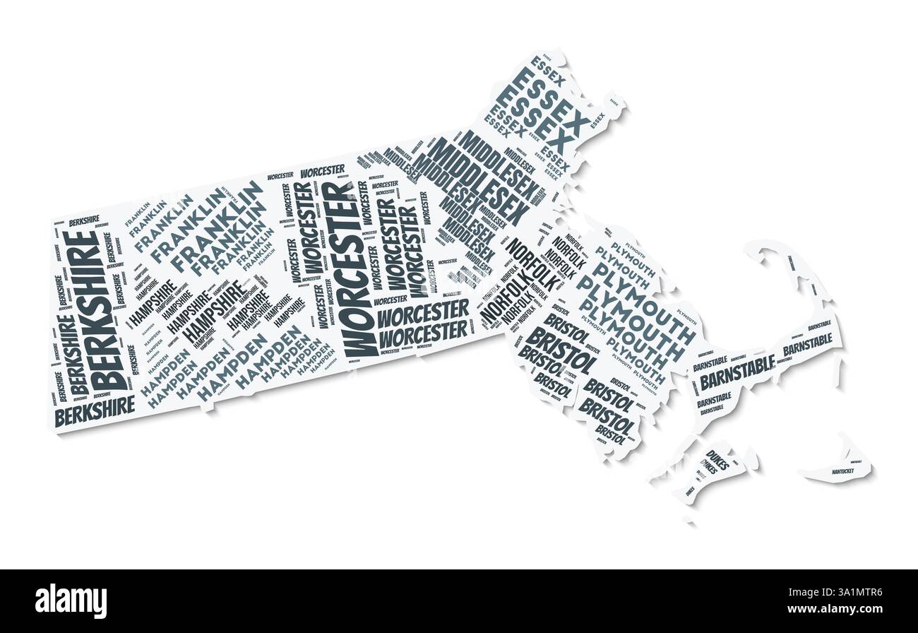 Massachusetts shape text cloud. State border with shadow on white ...