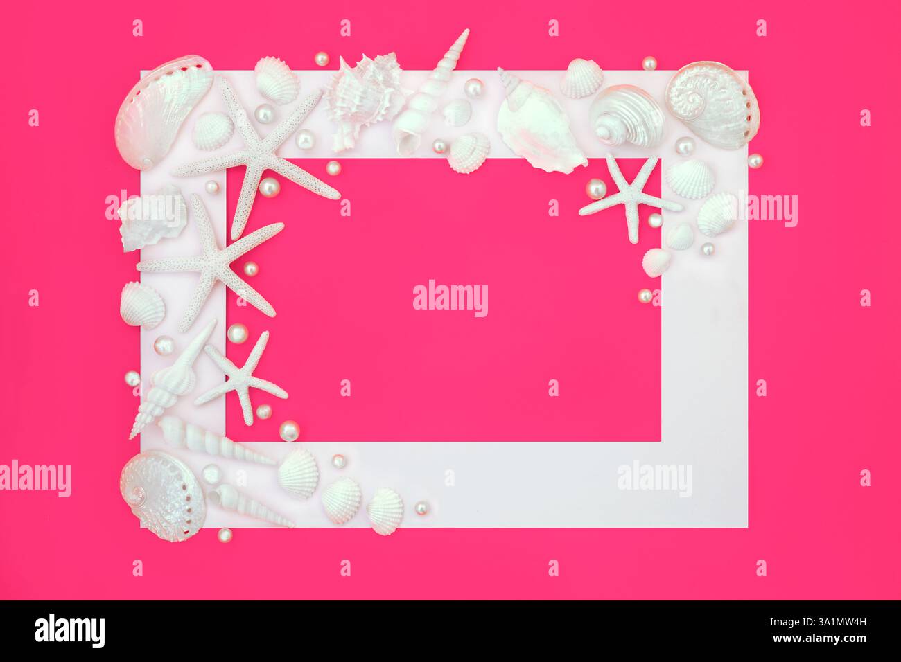 Pearls and white sea shell background with a variety of shells and ...