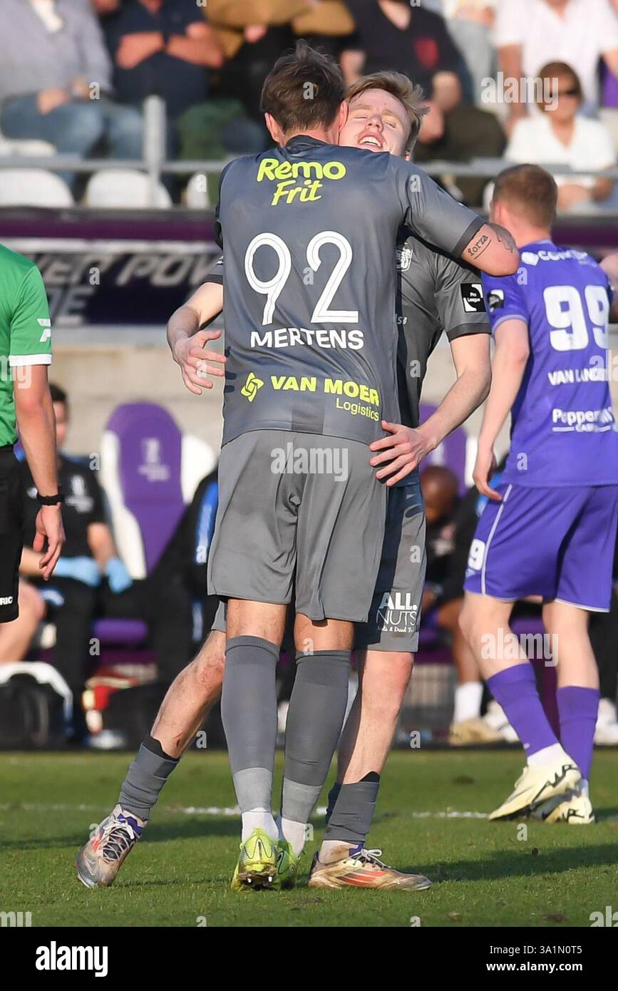 Beveren's Lennart Mertens celebrates after scoring during a soccer game ...