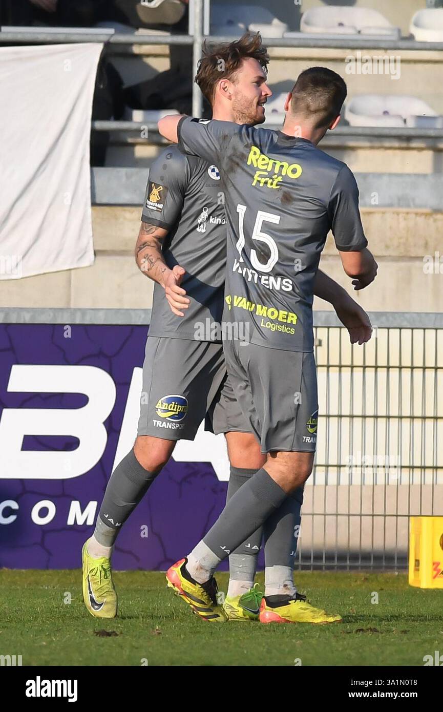 Beveren's Lennart Mertens celebrates after scoring during a soccer game ...
