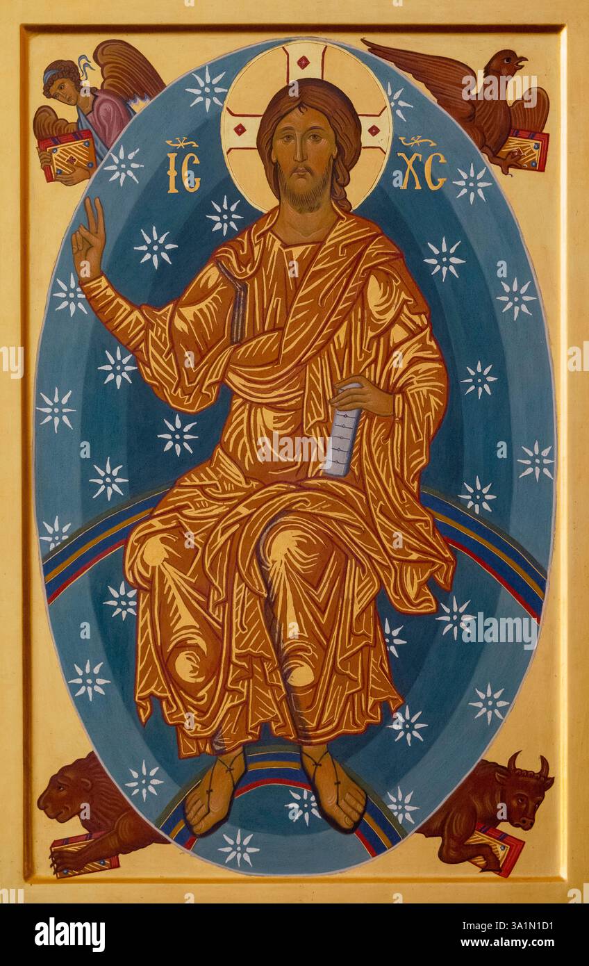 Beuil, FRANCE - 03-04-2025: Icon of Jesus surrounded by the symbol of ...