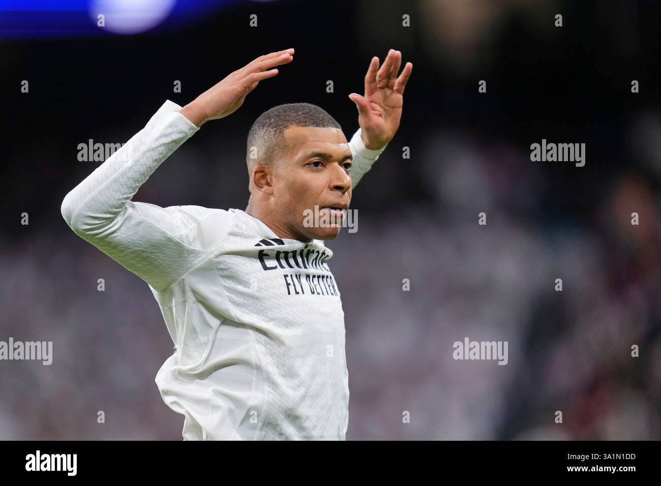 Real Madrid's Kylian Mbappe celebrates after scoring his side's opening ...