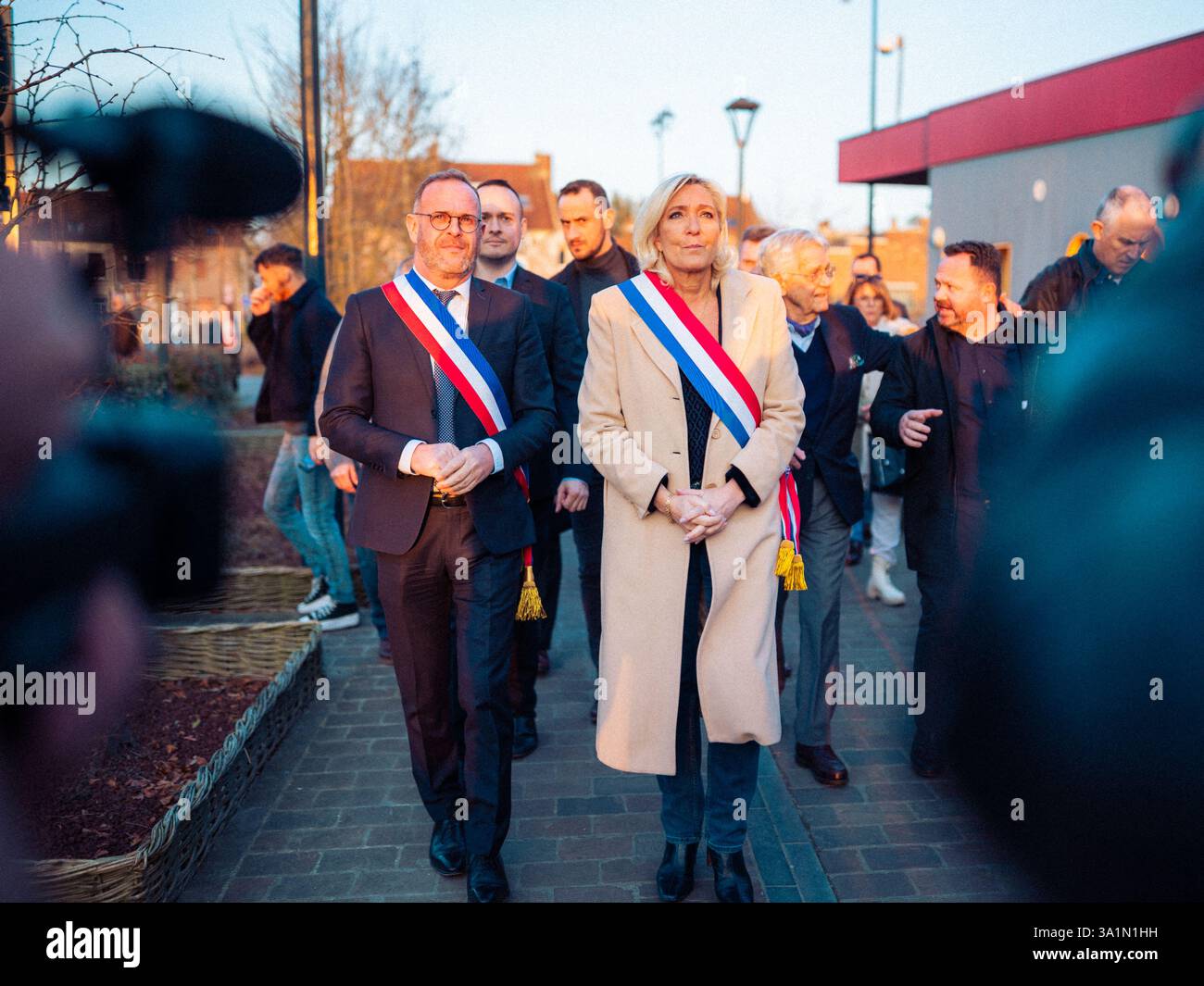 Mayor of Henin-Beaumont Steeve Briois and Marine Le Pen inaugurating ...