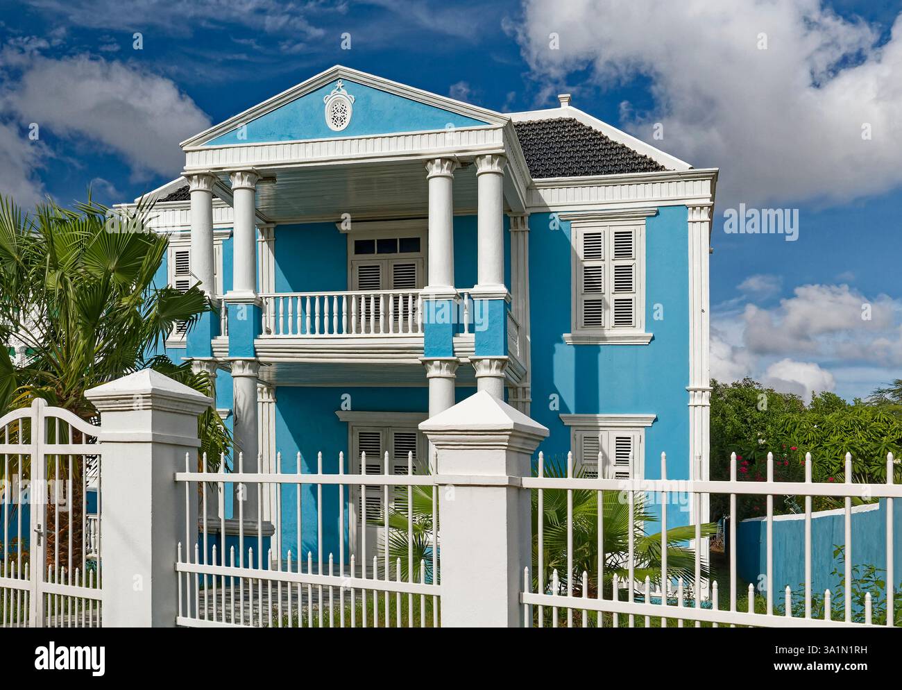 colorful building, old, blue, white trim, fence, balcony, medallion ...