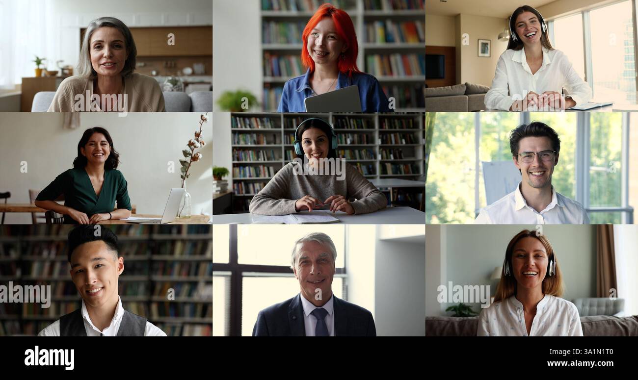 Group of multiethnic people looking at camera, using videocall Stock ...