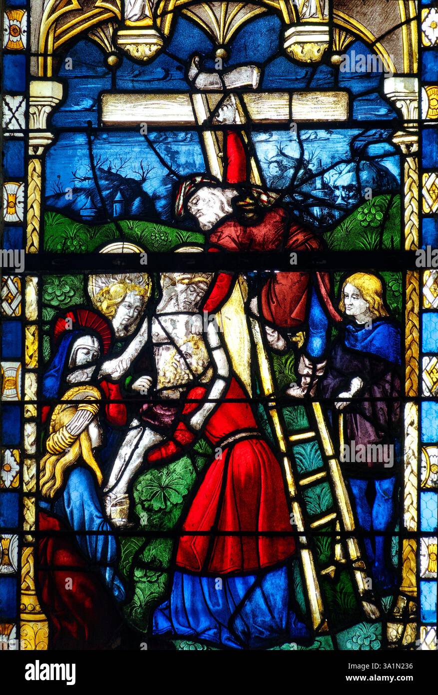 Saint Julien du Sault, FRANCE - 01-28-2025: Stained glass of Passion of ...