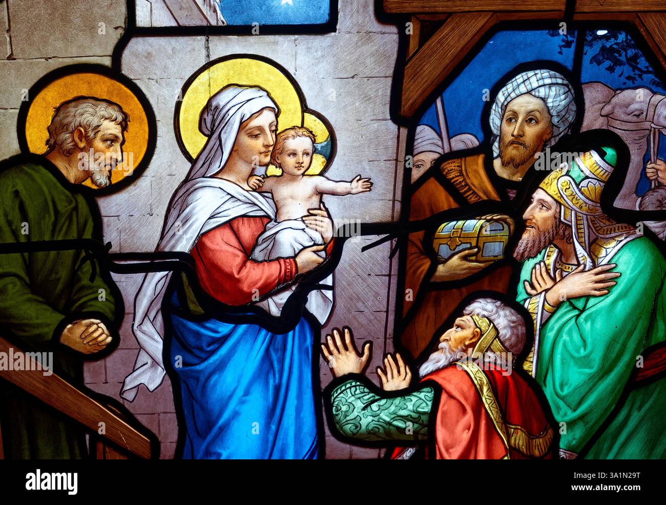Joigny, FRANCE - 01-28-2025: Stained glass (19th century) of Christmas Nativity Scene ...