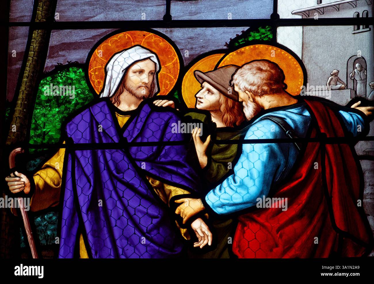 Joigny, FRANCE - 01-28-2025: Stained (19th century) glass of Jesus and ...