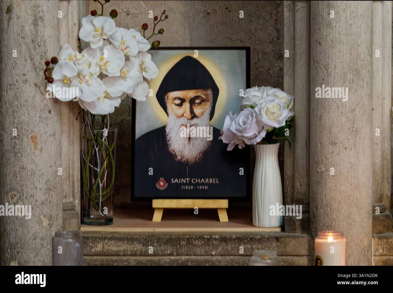 Amiens, FRANCE, 02-15-2025: Small oratory dedicated to Saint Charbel ...