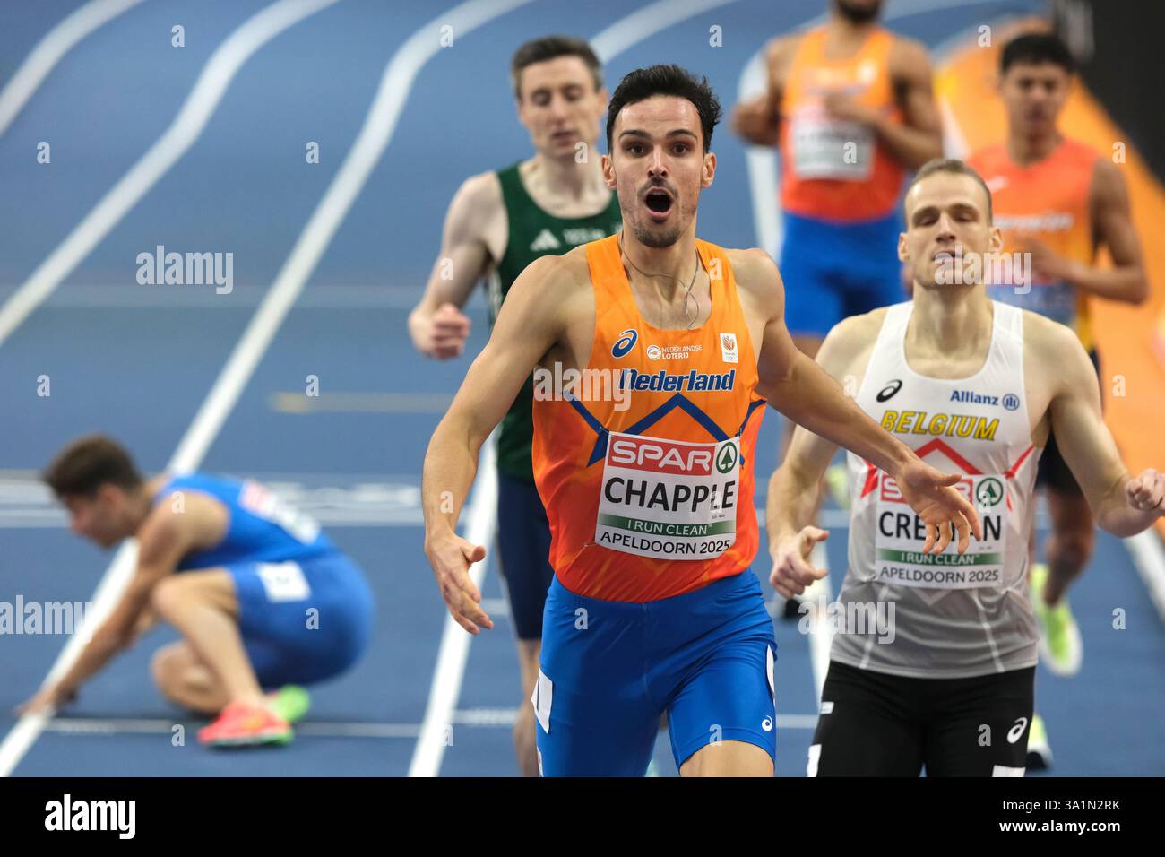 Winner Netherlands' Samuel Chapple, centre, celebrates at the finish of ...