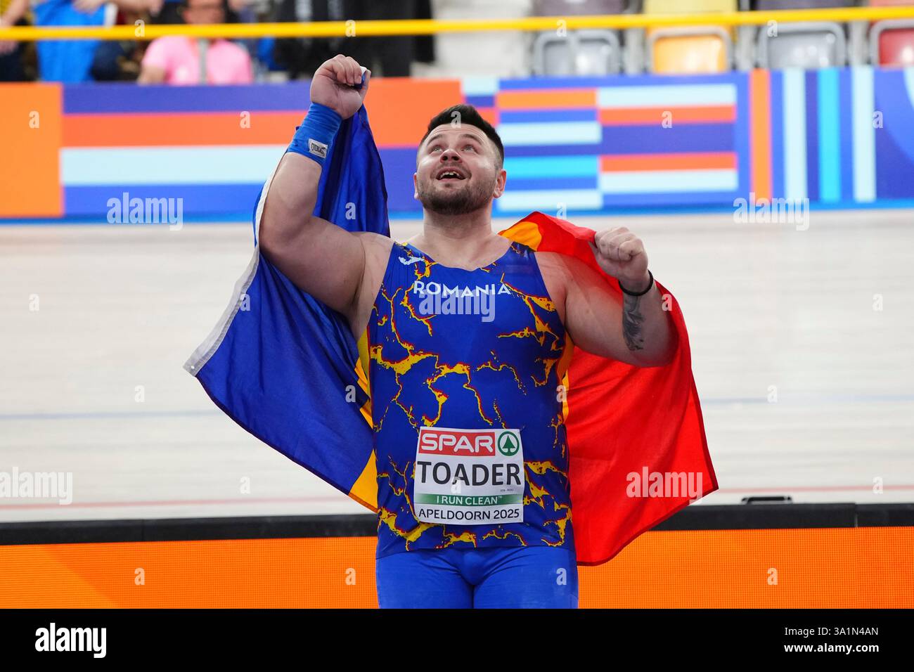 Winner Romania's Andrei Rares Toader celebrates after the Shot Put Men ...