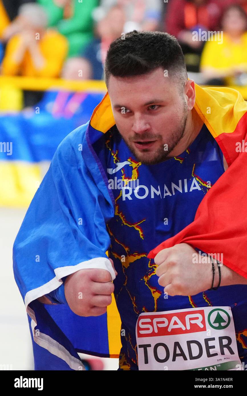 Winner Romania's Andrei Rares Toader celebrates after the Shot Put Men ...