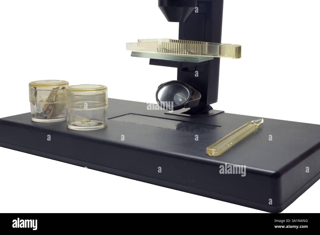 monocular microscope, with tweezers on slides and dropper and glass ...