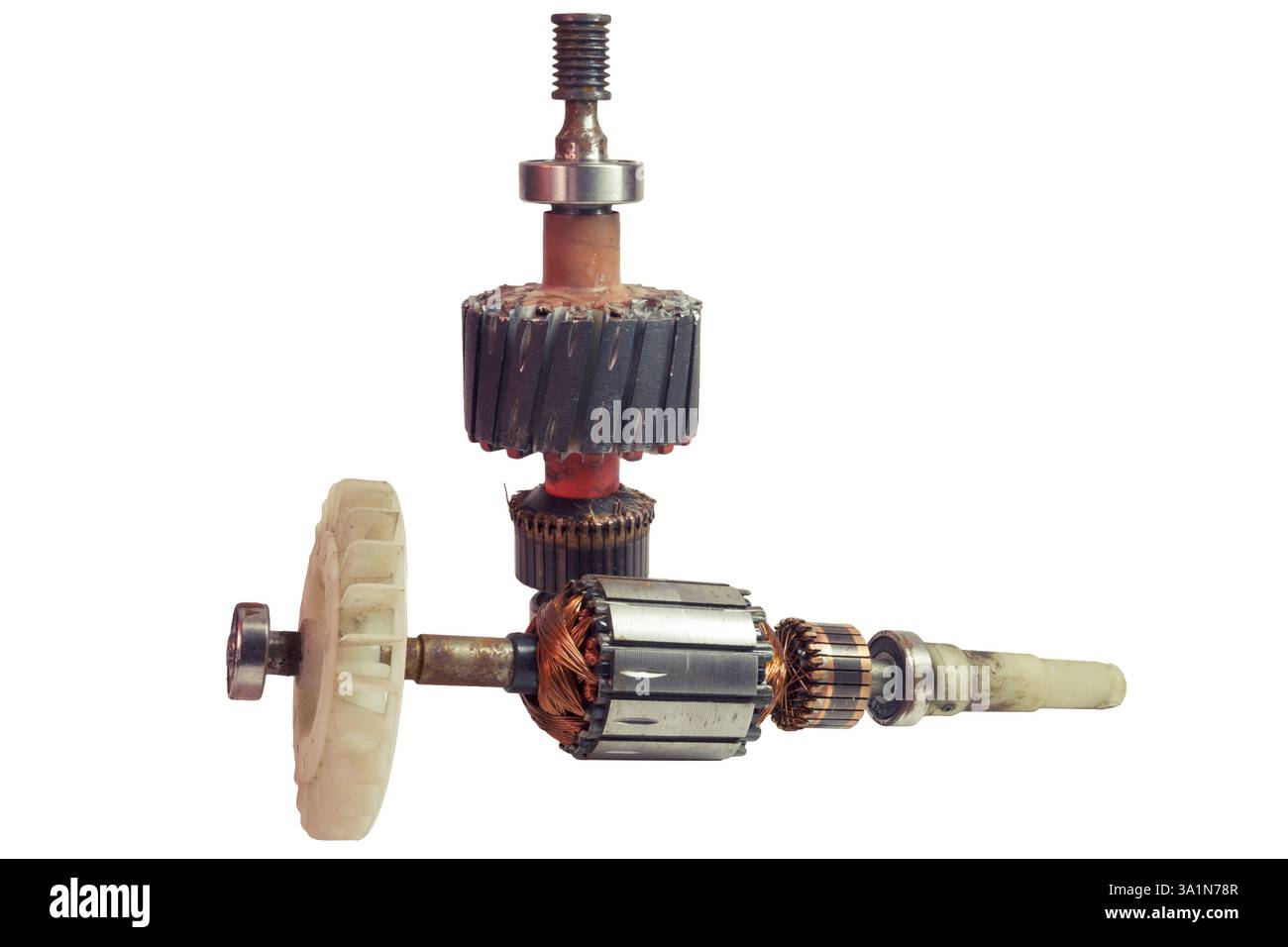 DC engine armature with white plastic impeller and windingless rotor ...