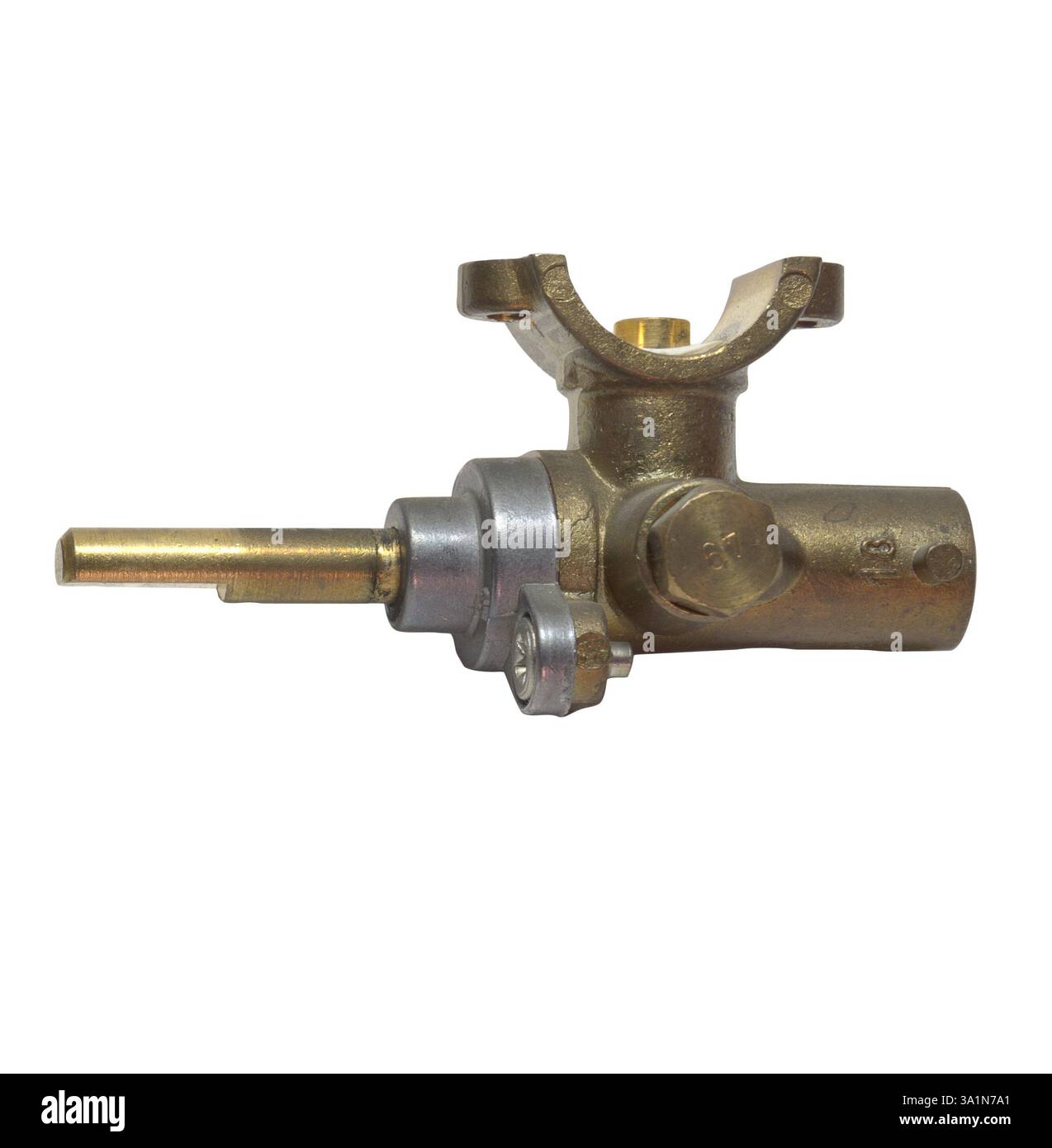 brass surface burner valve of gas stove. Gas tap from side. isolated on ...