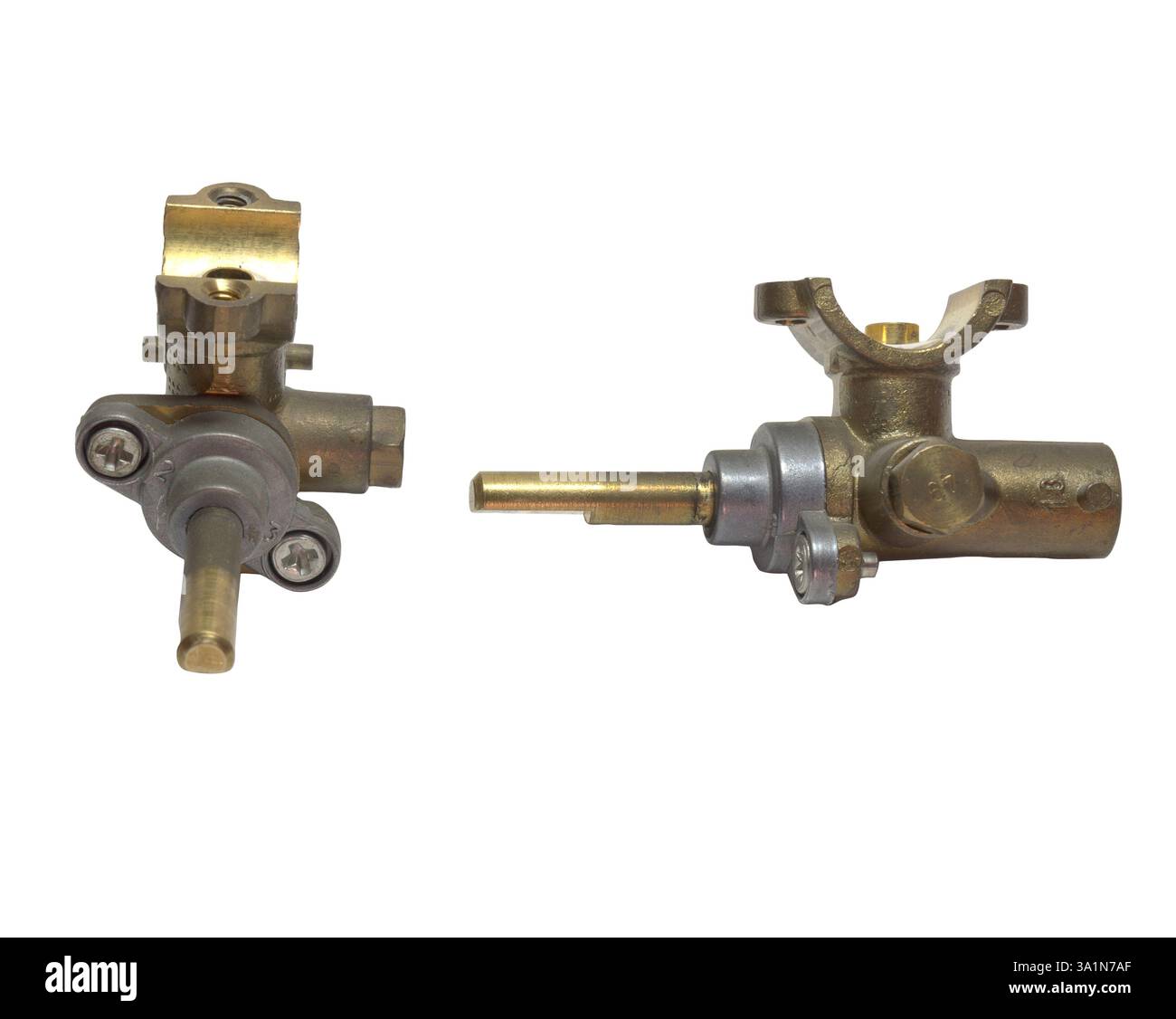 brass surface burner valves. gas stove parts. isolated on white ...