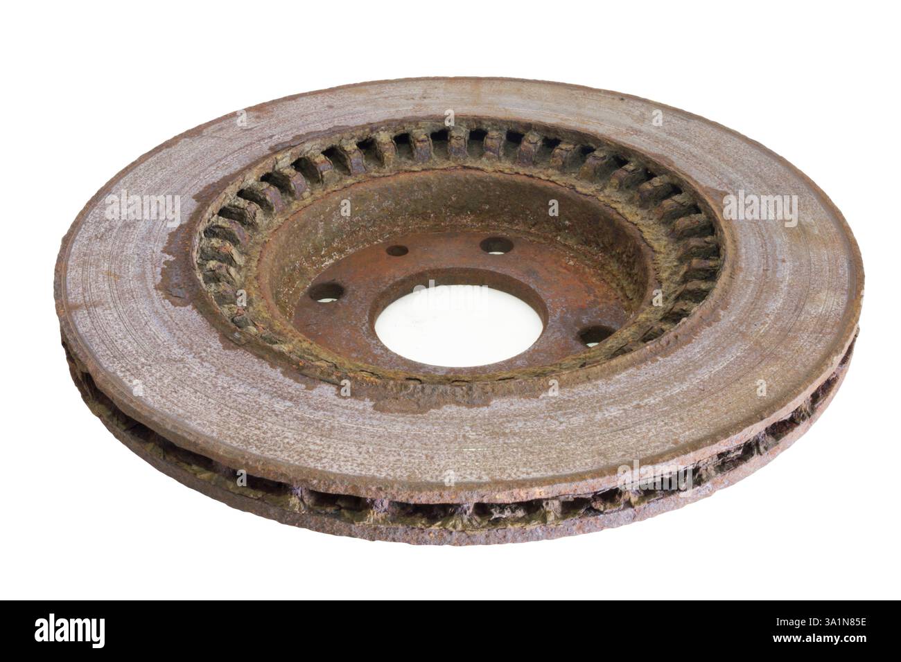 front brake rotor of car, from inside. Rusty and worn, dismantled from ...