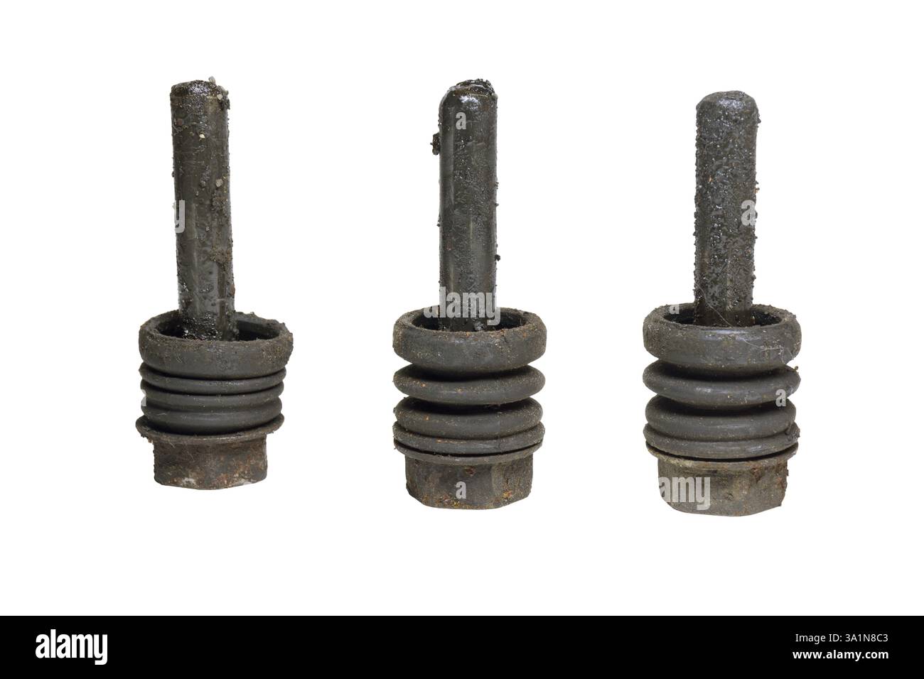 slide pins of brake caliper, lubricated, worn, with rubber cuff ...