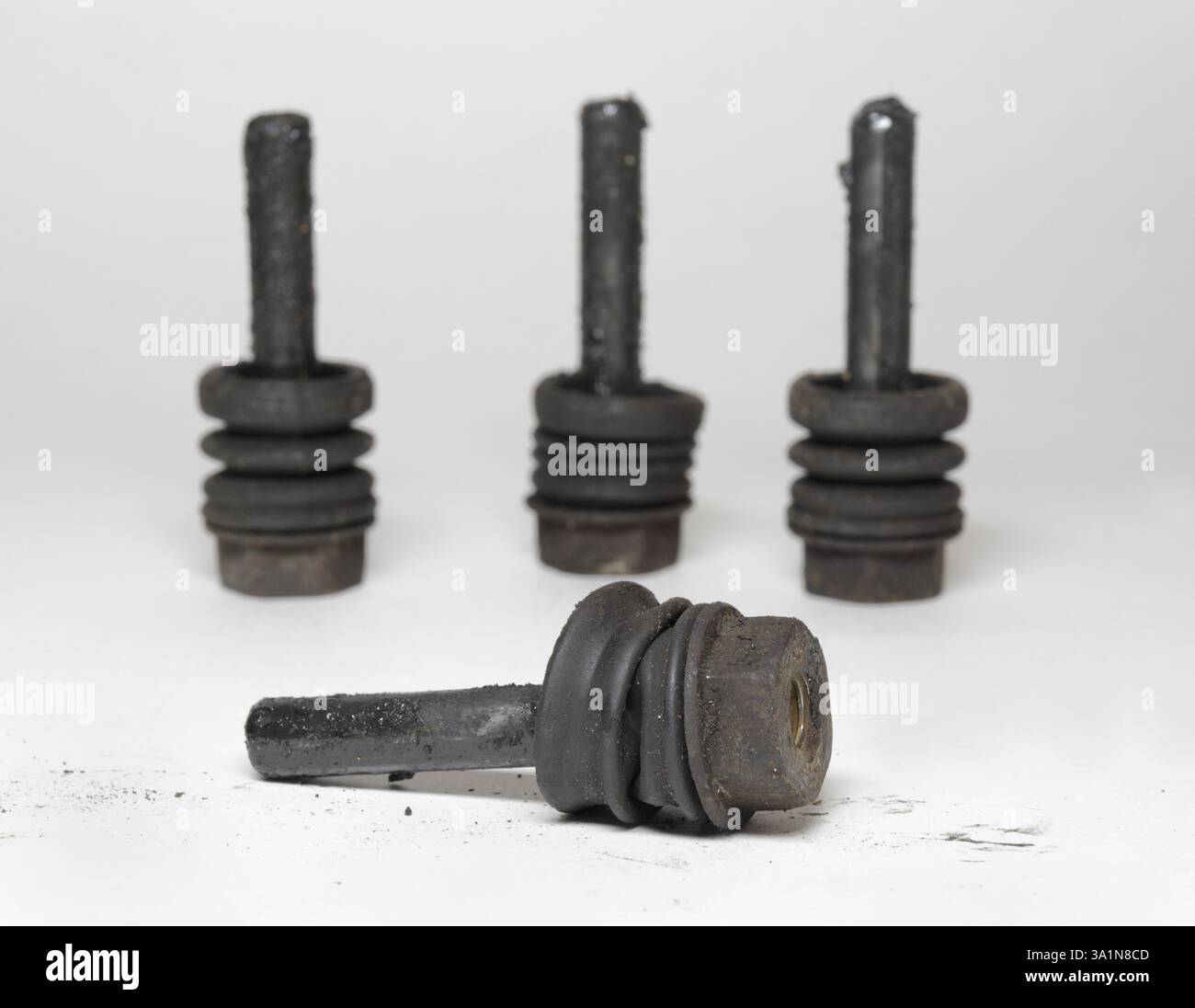 guide pins of brake caliper, close-up lubricated, worn, with rubber ...