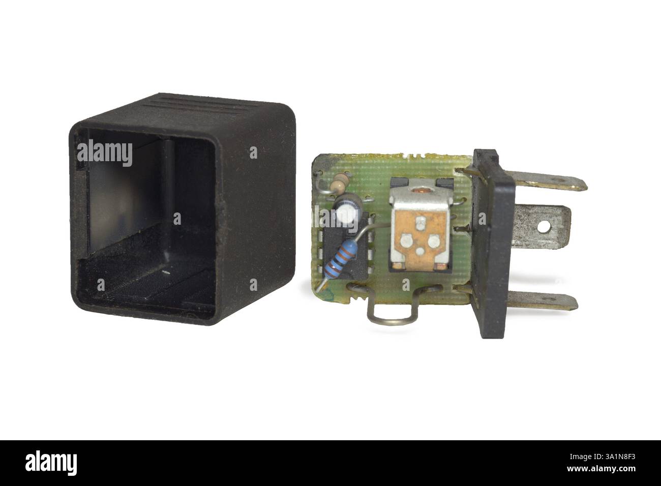 disassembled car relay, on/off electronic component, isolated on white ...