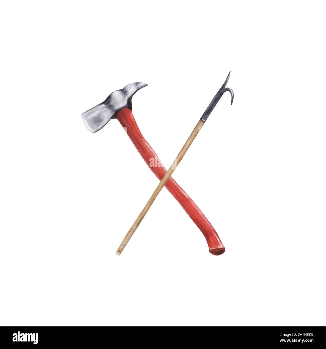 Watercolor illustration of crossed firefighter axe and pike pole ...