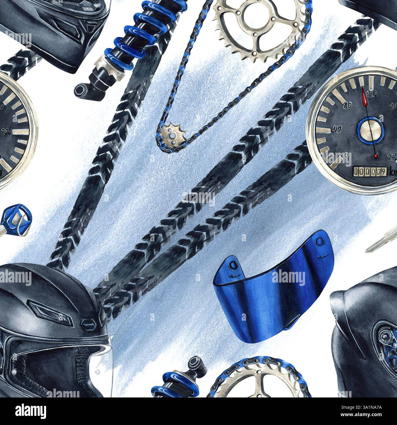 Seamless pattern with helmet, chain, visor and speedometer, absorber ...