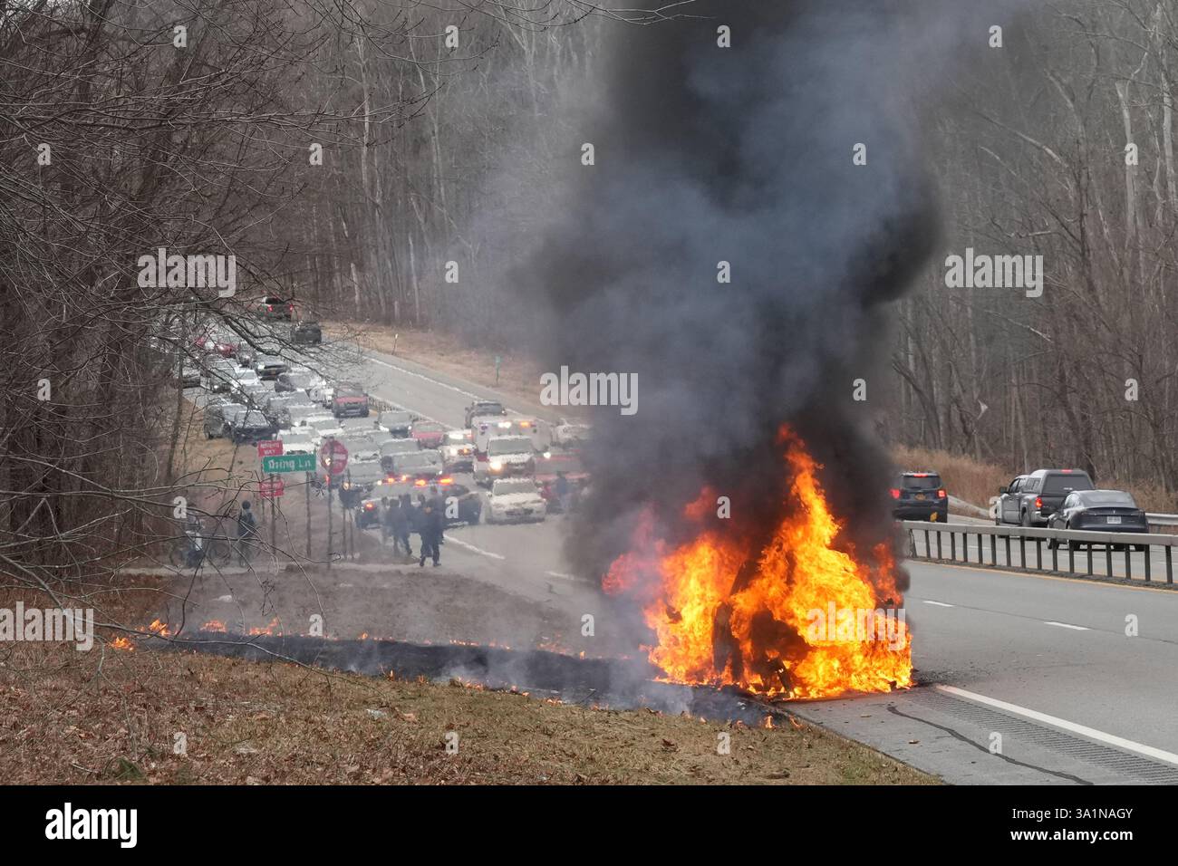 West Mahopac, New Yok, USA. 9th Mar, 2025. A car is on fire after an ...