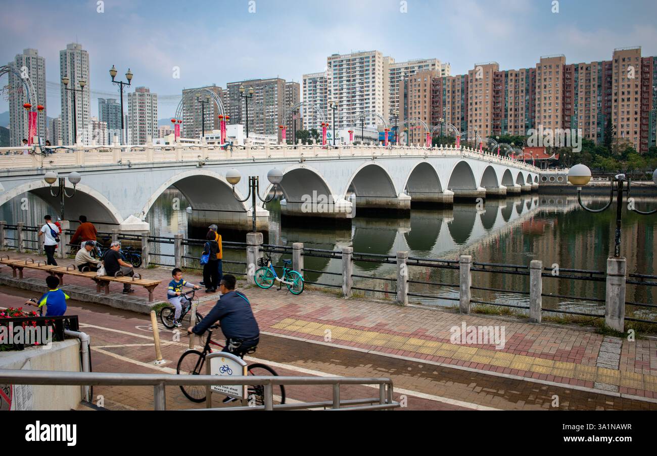 Hong Kong. China- 02.16.2025. The Lek Yuen Bridge, an old style pedestrian foot bridge spanning ...