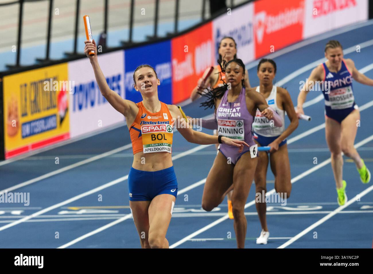 Winner Netherlands' Femke Bol celebrates at the finish of the 4x400m ...