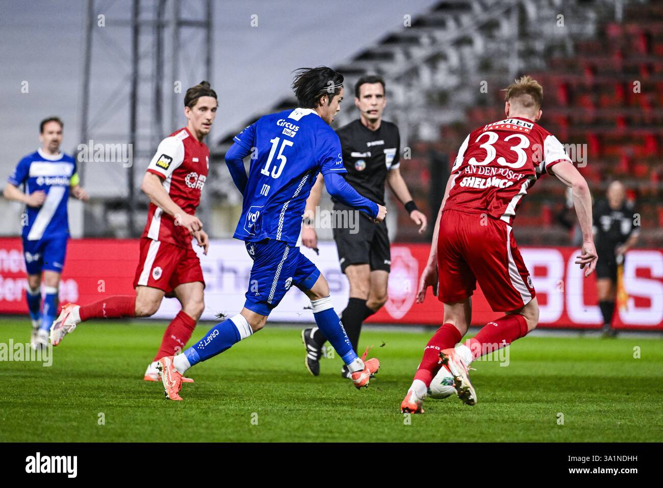 Antwerp, Belgium. 09th Mar, 2025. Gent's Atsuki Ito and Antwerp's Zeno ...