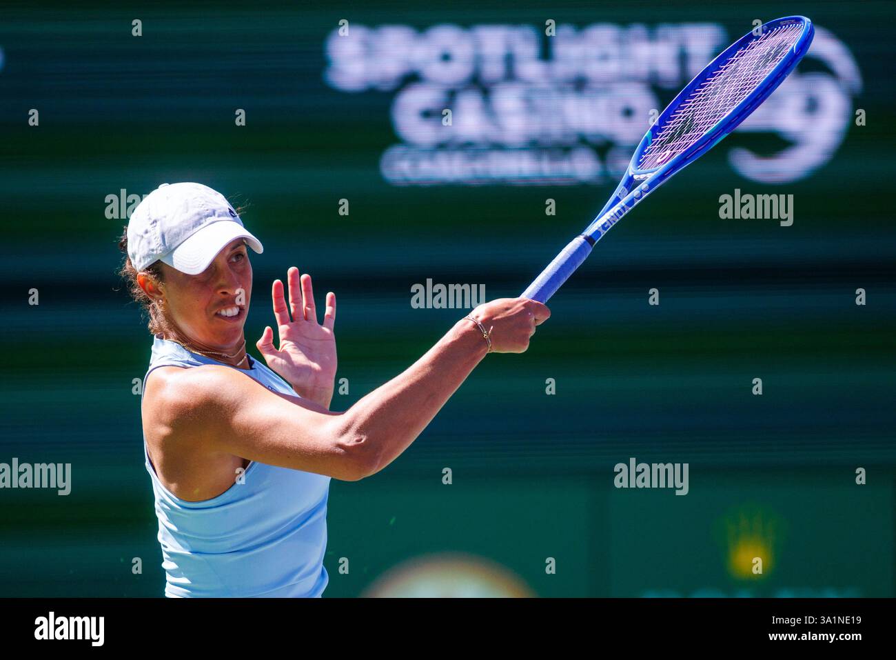 March 8, 2025: Madison Keys of the United States hits a shot against ...