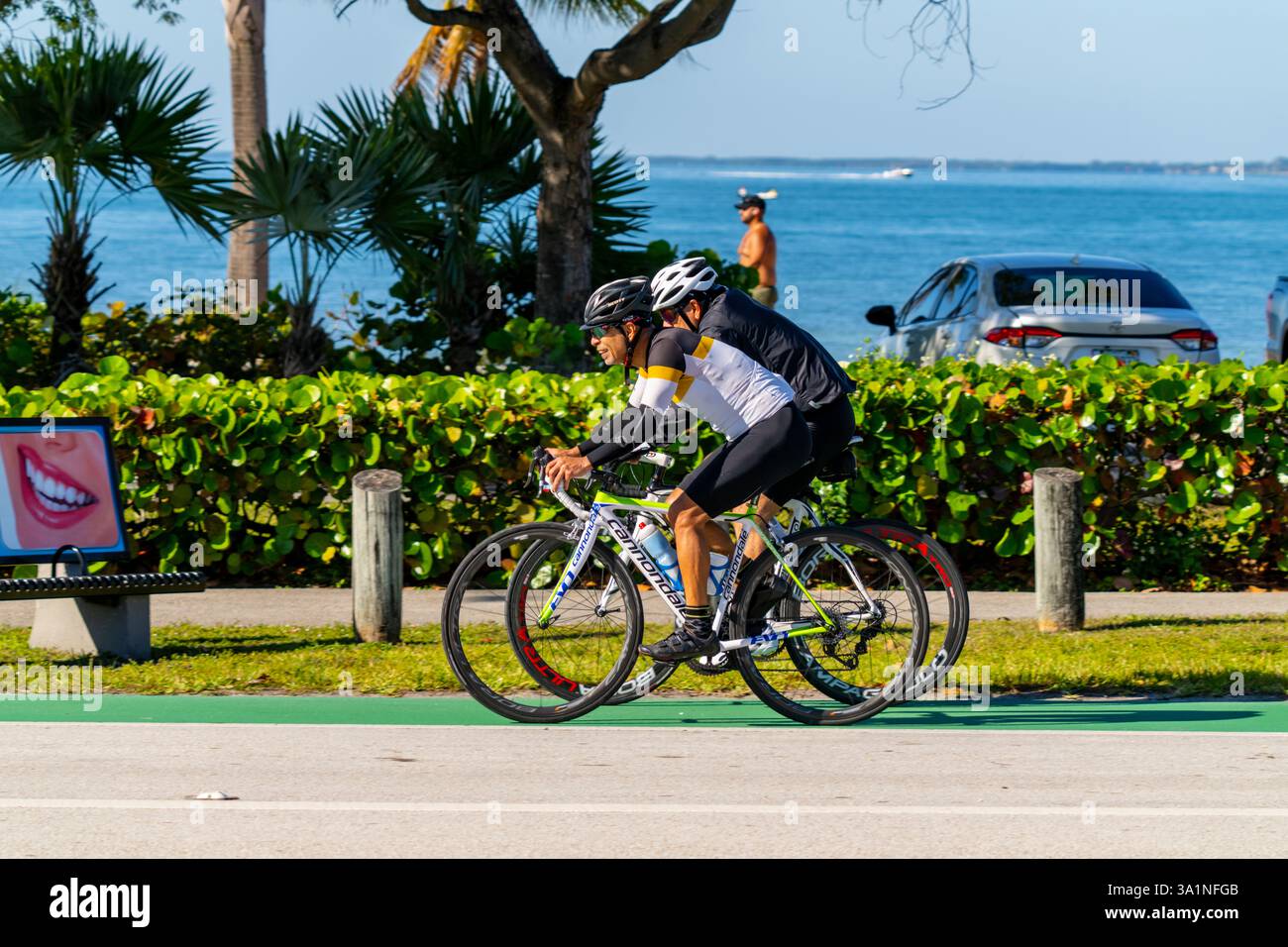 Key Biscayne Miami, FL, USA - March 8, 2025: Friends, bike riding ...