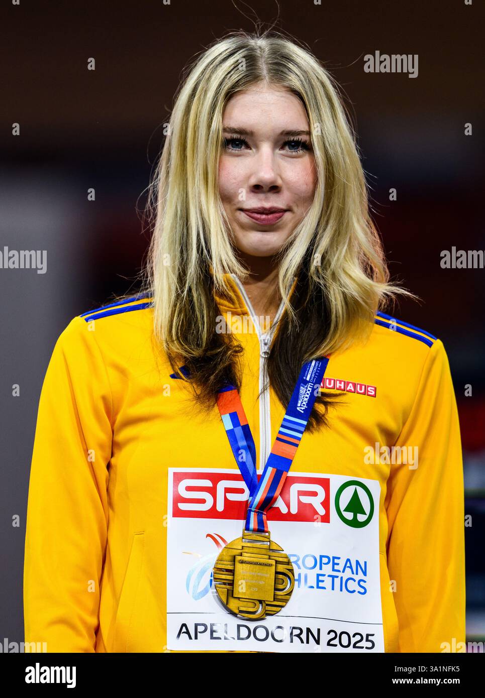 250309 Engla Nilsson of Sweden with her bronze medal at the medal ...