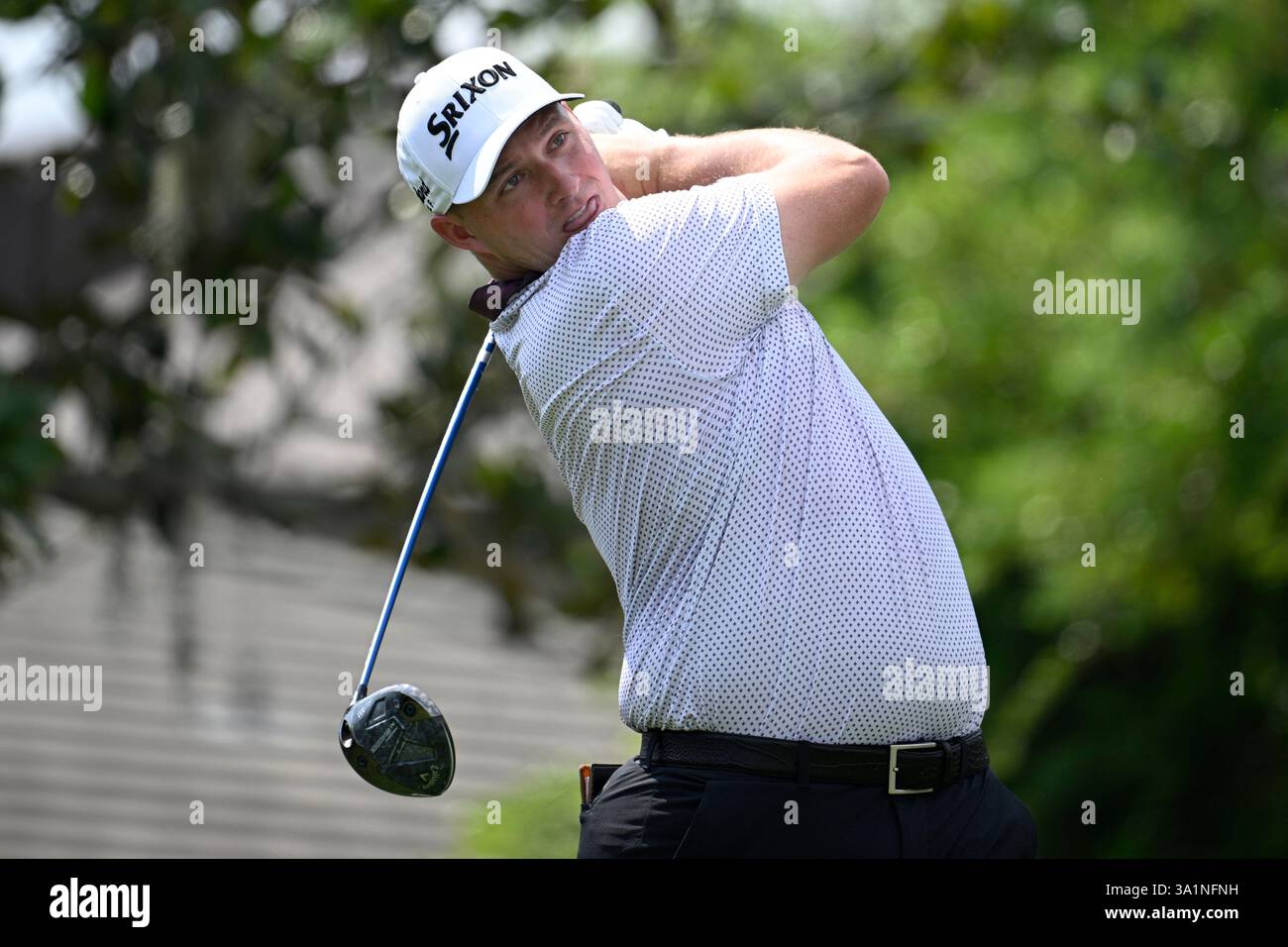 Sepp Straka, of Austria, tees off on the first hole during the final ...
