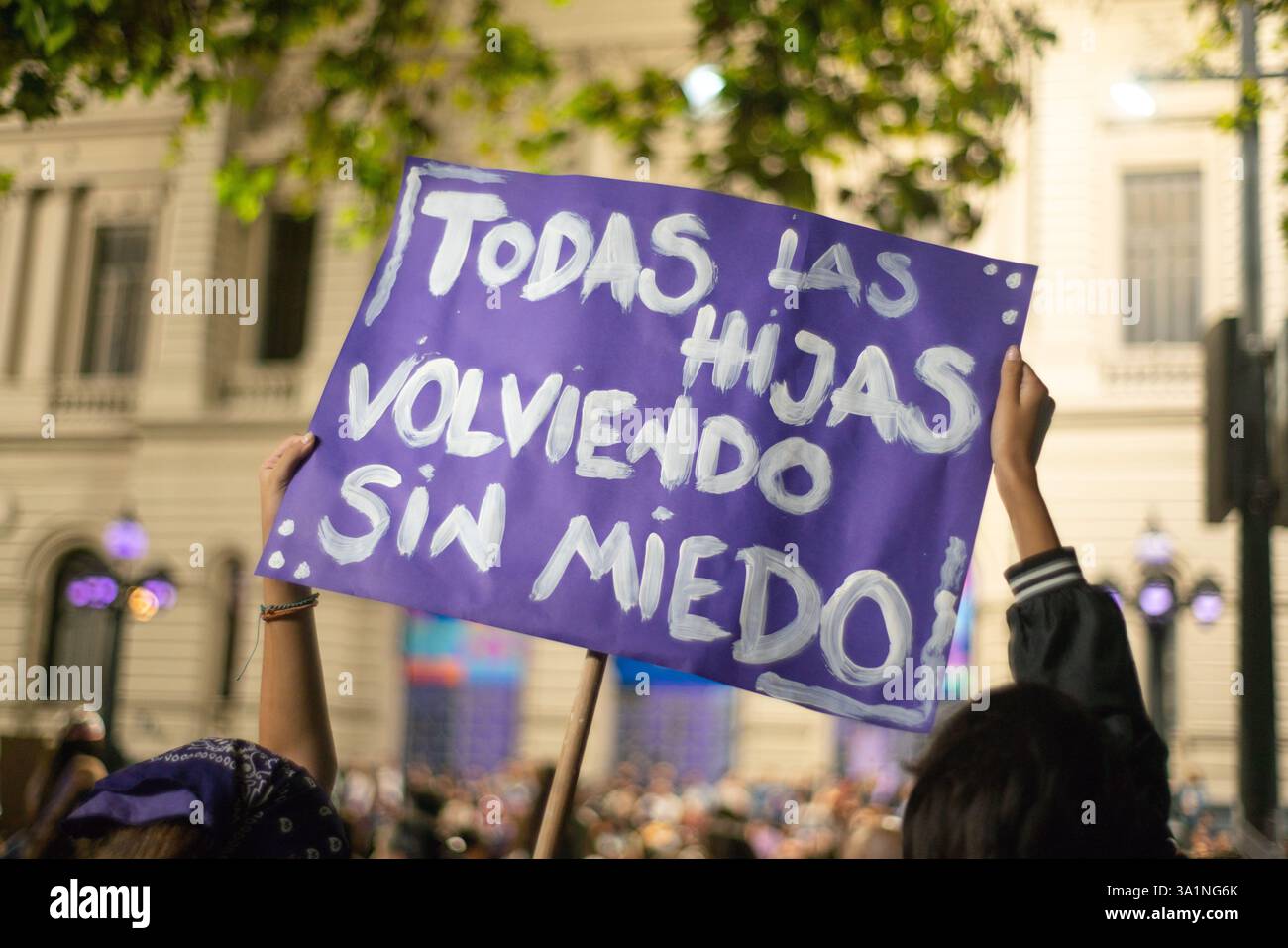 A purple protest sign reading “All daughters return without fear” at a ...