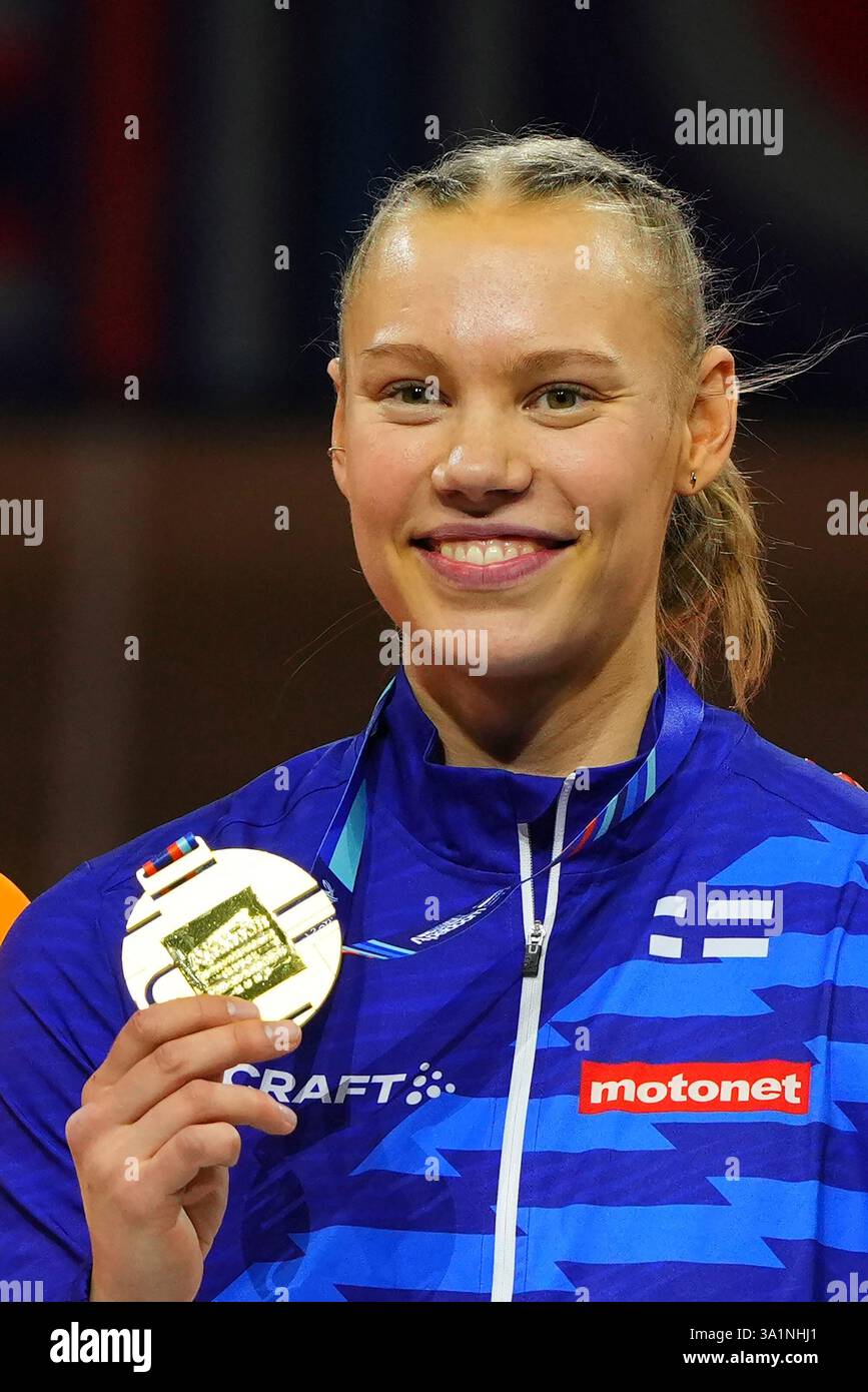 Winner Finland's Saga Vanninen celebrates on the podium for the ...