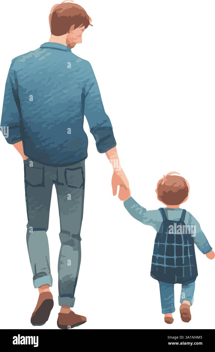 Watercolor Vector Illustrations of a Father and Child Holding Hands and ...