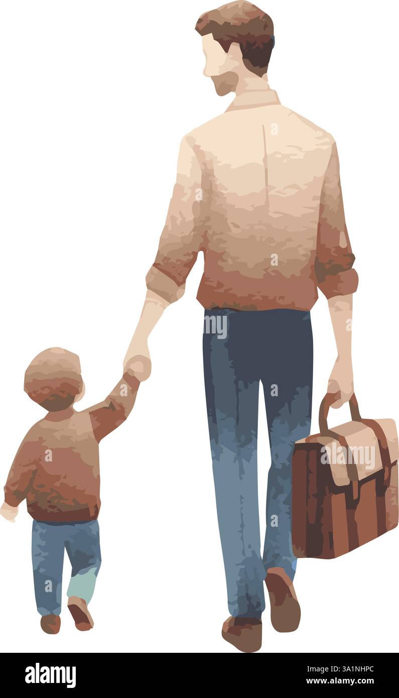 Watercolor Vector Illustrations of a Father and Child Holding Hands and ...
