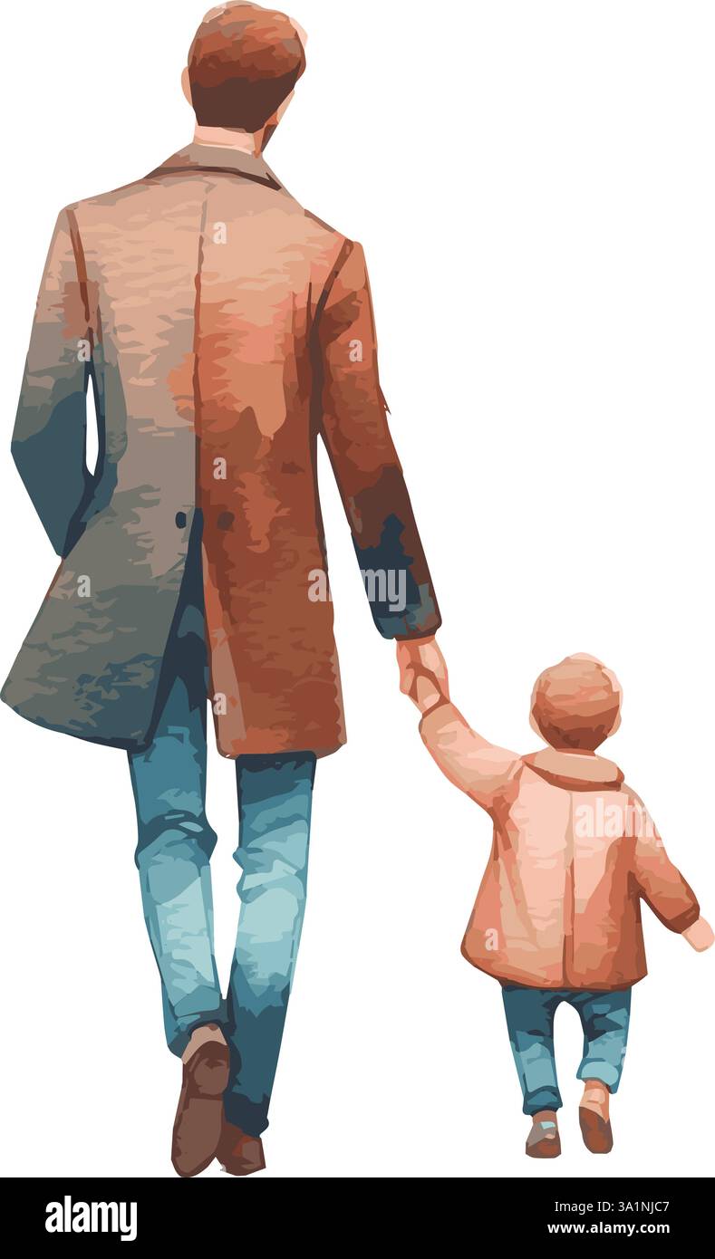 Watercolor Vector Illustrations of a Father and Child Holding Hands and ...