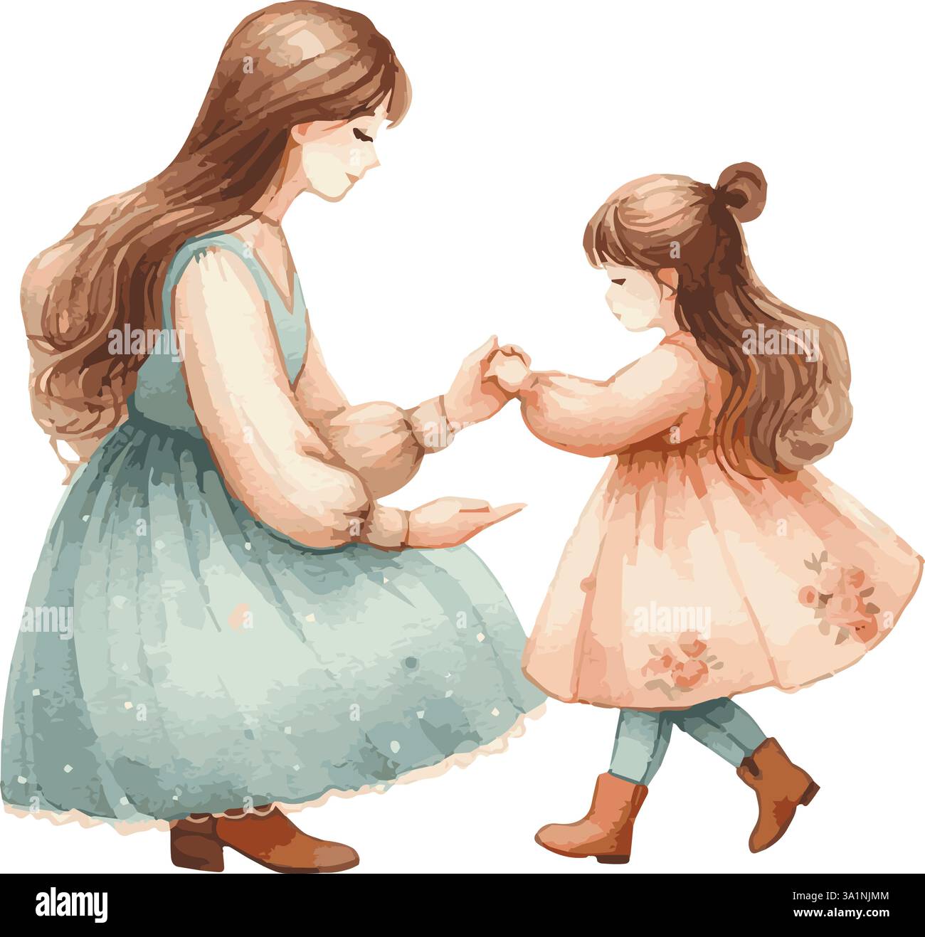 Watercolor Vector Illustrations of a mother and child holding hands and ...