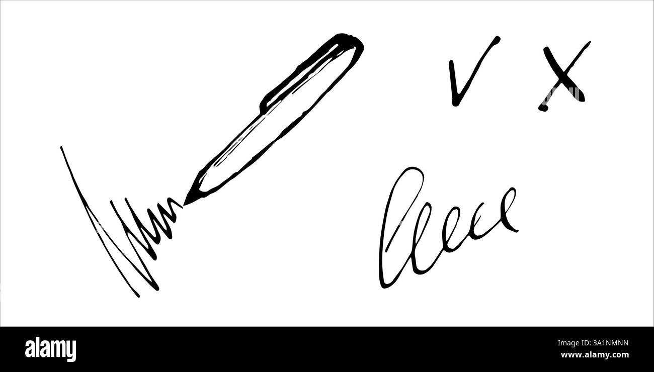 Writing ballpoint pen. Pen outline drawing painted by black inks. Hand ...