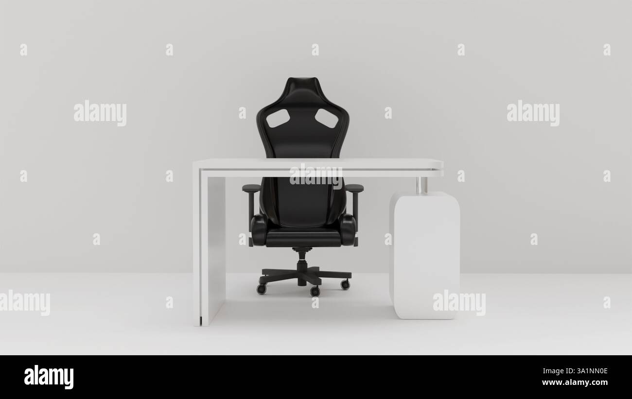 3D model of black gaming computer chair and white computer desk in white room, 3D model of ...