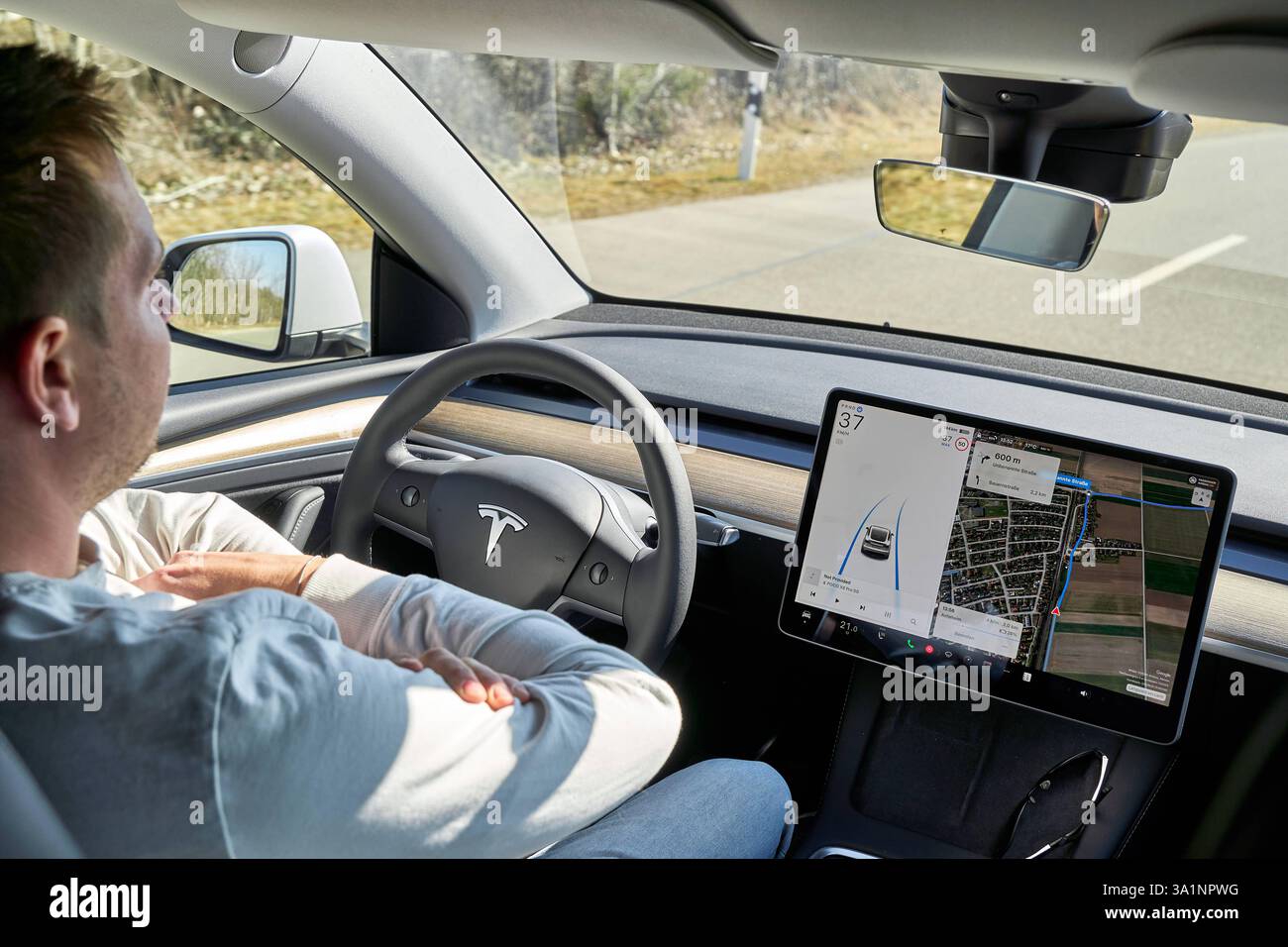 Bavaria, Germany - March 9, 2025: A Tesla Model Y drives autonomously ...