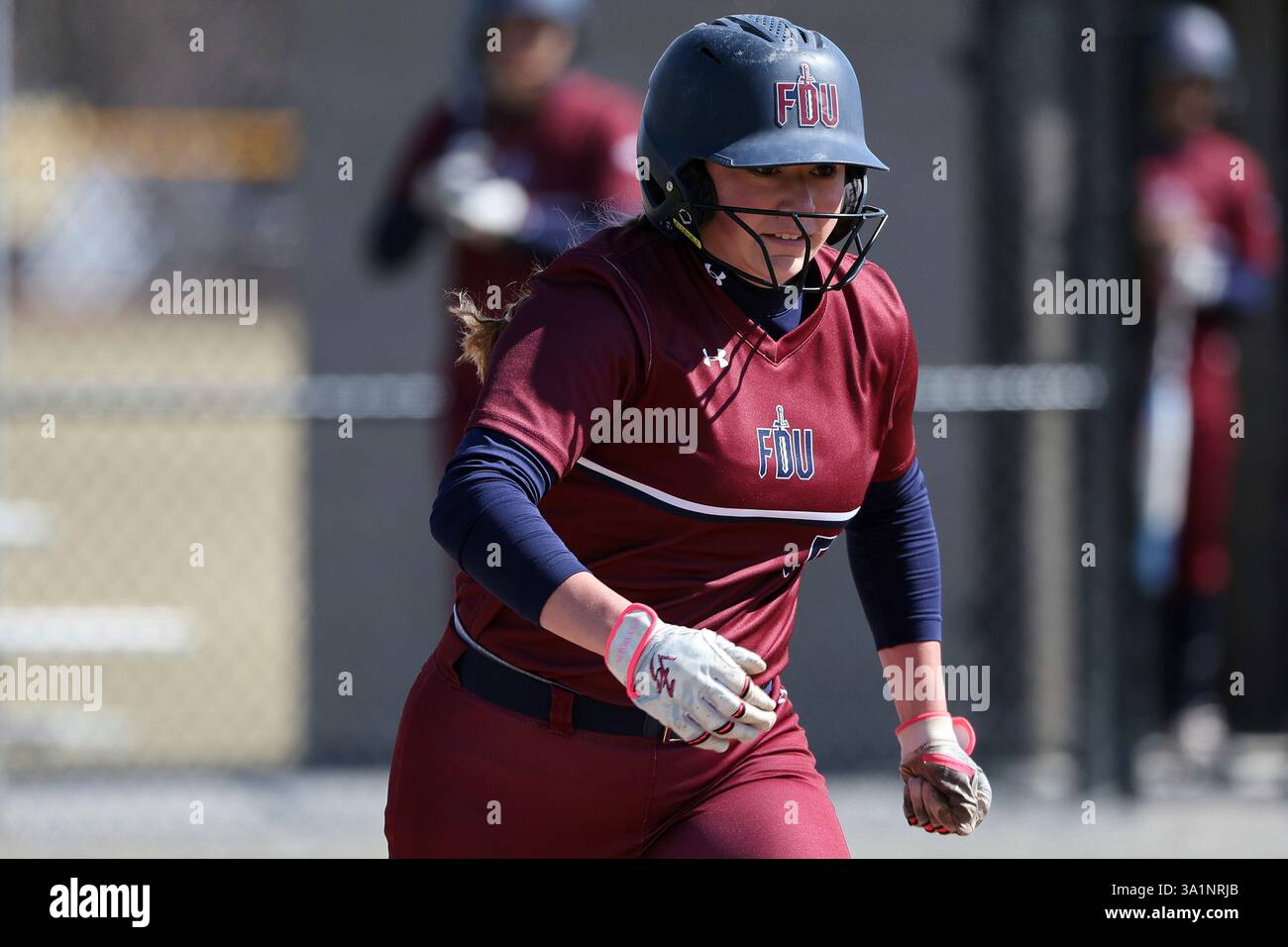 Fairleigh Dickinson infielder Erika Barela (5) runs to first base ...