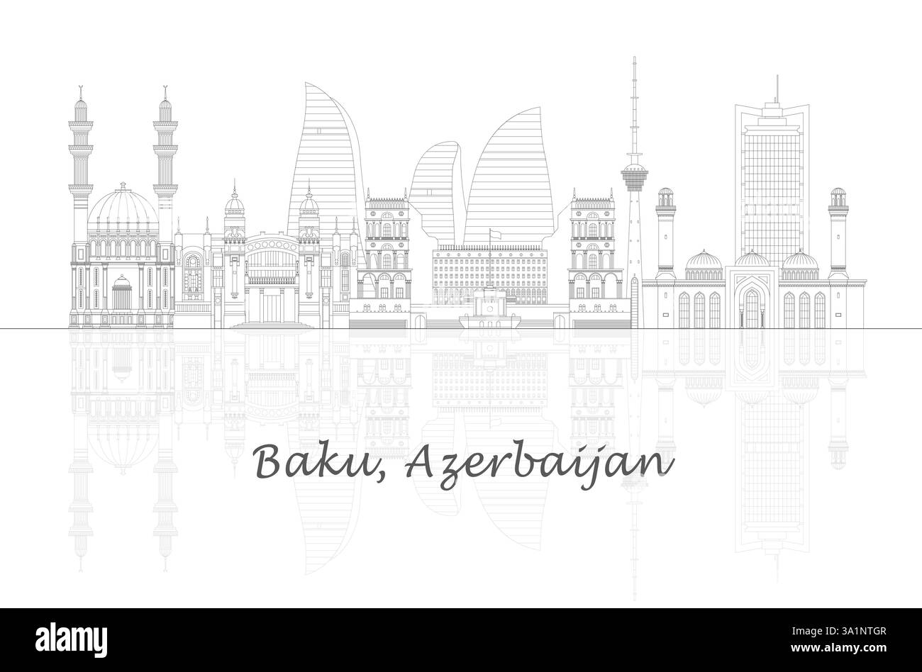 Outline Skyline panorama of town of Baku, Azerbaijan - vector ...