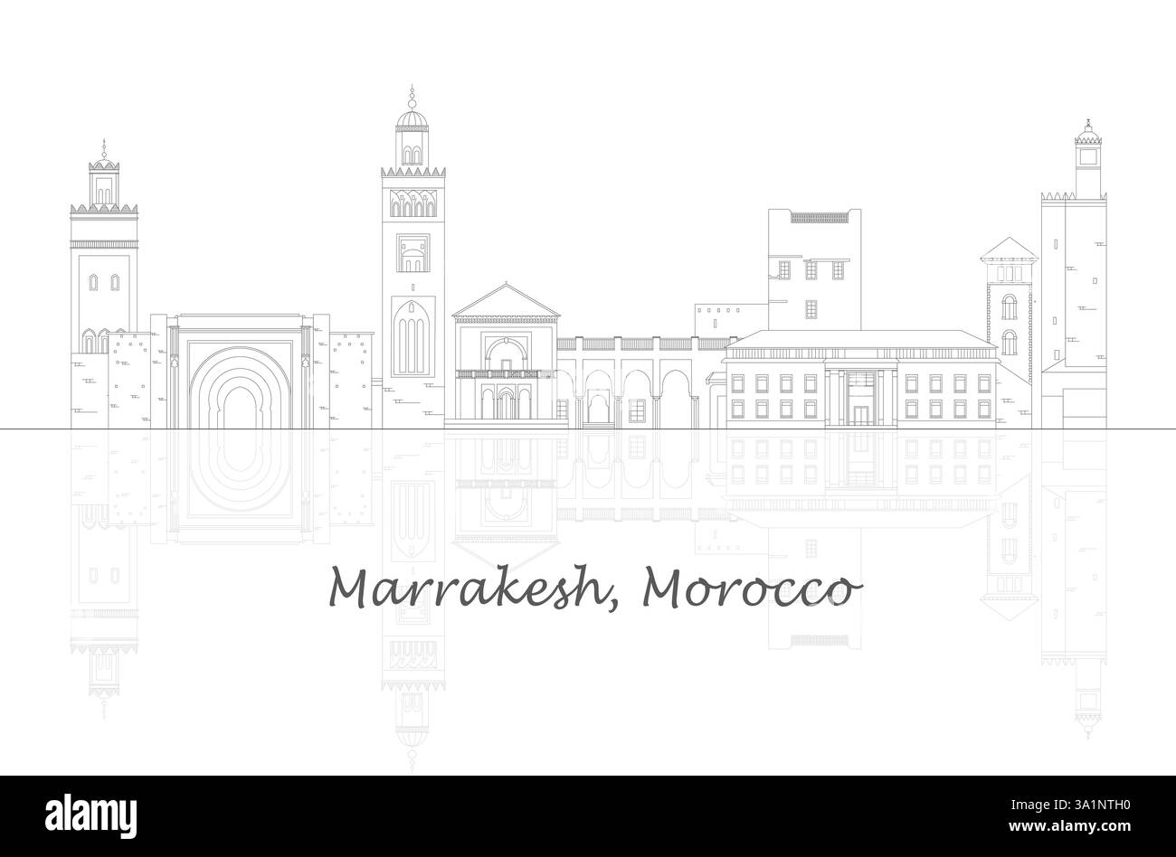 Outline Skyline panorama of town of Marrakesh, Morocco - vector ...